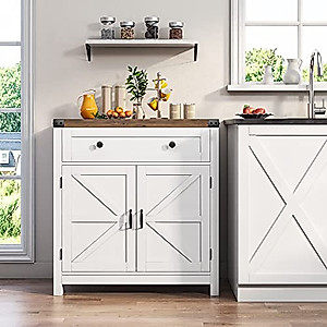 HOSTACK Coffee Bar Cabinet, Modern Farmhouse Buffet Sideboard with Drawer and Adjustable Shelf, Barn Door Storage Cabinet for Kitchen, Dining Room, Bathroom, Entryway, White