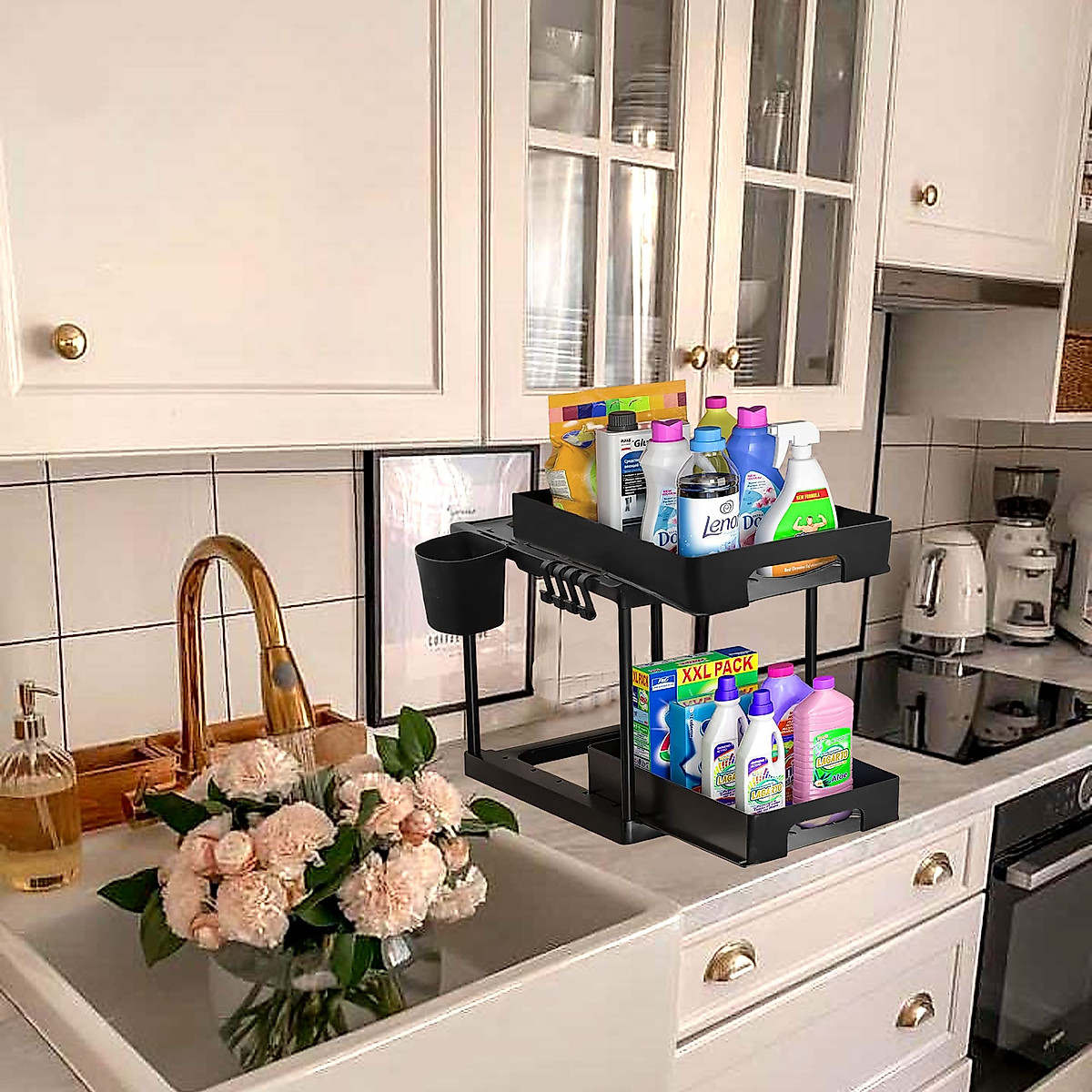 THE DWELLERY Under kitchen sink organizers and storage, 2 Pack under the sink organizer with hooks & Hanging Cup, 2 Tier Large Capacity under sink organizers and storage pull out drawers (Black) (2)