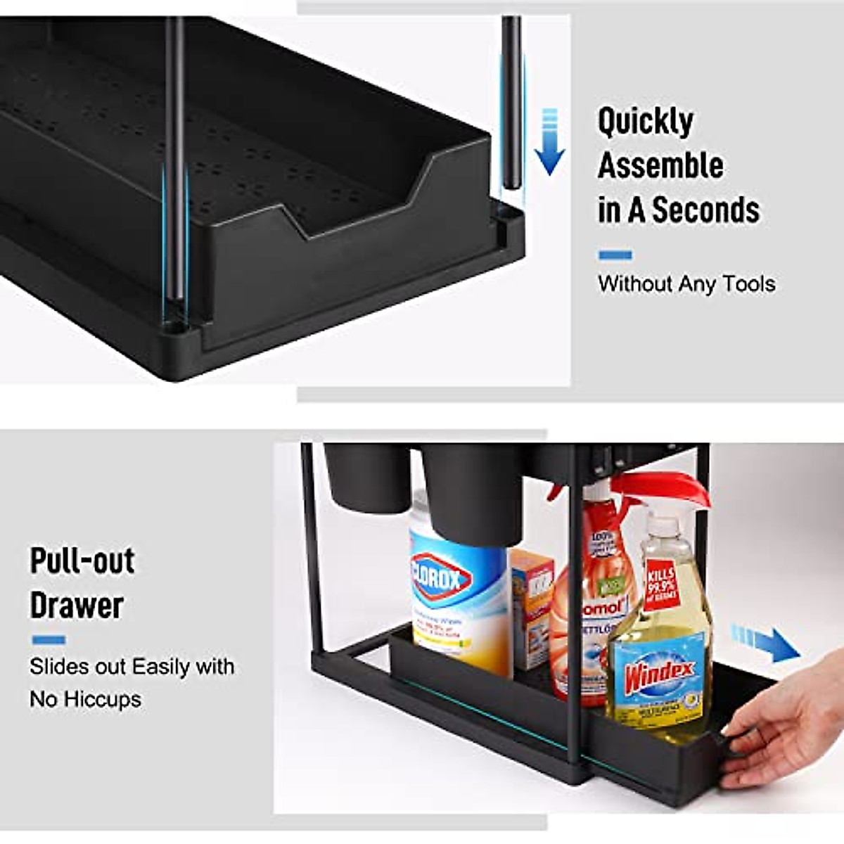 2 Pack Under Sink Organizers and Storage with Sliding Drawer, 2 Tier Bathroom Organizer Under Sink, Kitchen Under Cabinet Organizer Bathroom Sink Organizer with Hooks and Cups, Modern Black