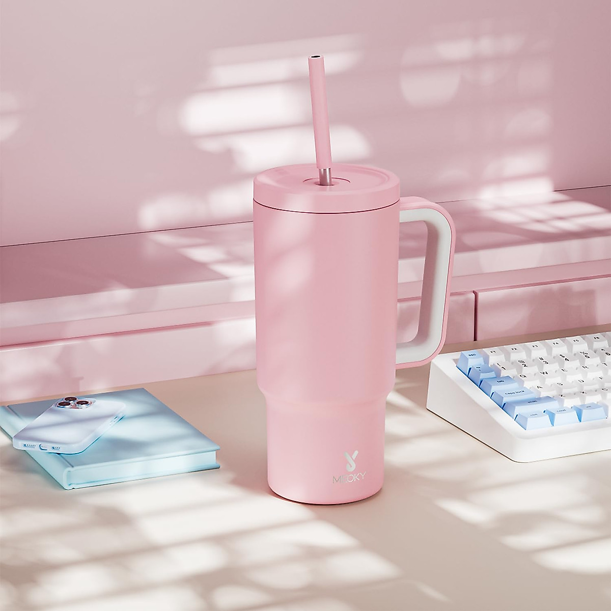 Meoky 24 oz Tumbler with Handle and Straw, 100% Leak-proof Tumbler with Lid and Straw, Insulated Stainless Steel Travel Coffee Mug, Keeps Cold for 24 Hours (Blush)