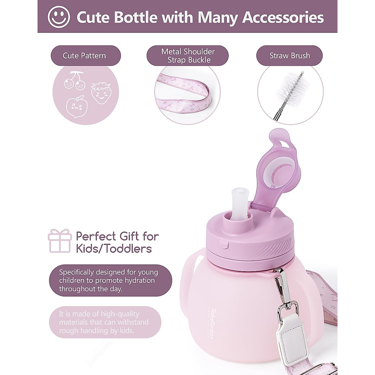 TakeToday Kids Water Bottle for School, Silicone Collapsible Water Bottle, 20 OZ Travel Water Bottle with Straw and Strap, BPA-Free Reusable Leakproof, Purple