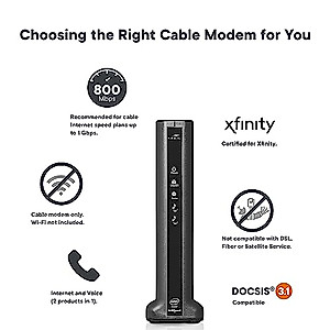 ARRIS SURFboard T25 DOCSIS 3.1 Gigabit Cable Modem , Comcast Xfinity Internet & Voice , Two 1 Gbps Ports , 2 Telephony Ports , 800 Mbps Max with Xfinity Internet Plans,Black