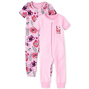 The Children's Place Baby Girls' and Toddler Short Sleeve Zip-Front One Footless Pajama Snug Fit 100% Cotton 2 Piece Set, Tiara Pink, 4T