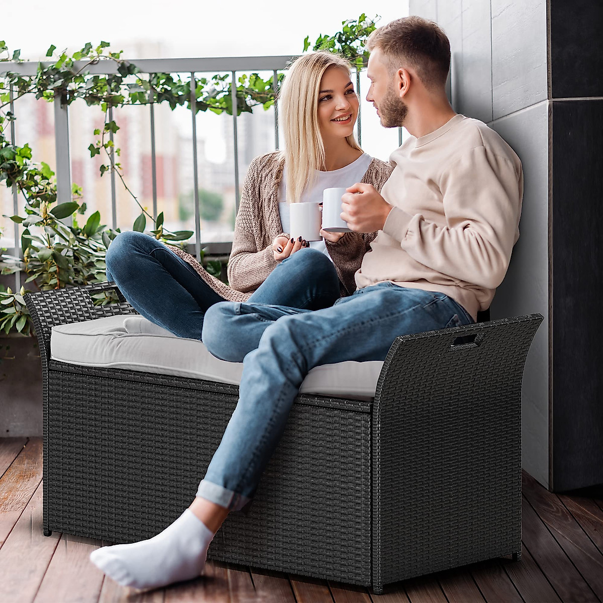 YITAHOME 90 Gallon Outdoor Wicker Storage Bench w/Cushion, Large PE Rattan Deck Storage Box w/Handles & Hydraulics for Patio Furniture, Cushions, Garden Tools, Pool & Sports Equipment, Black&Grey