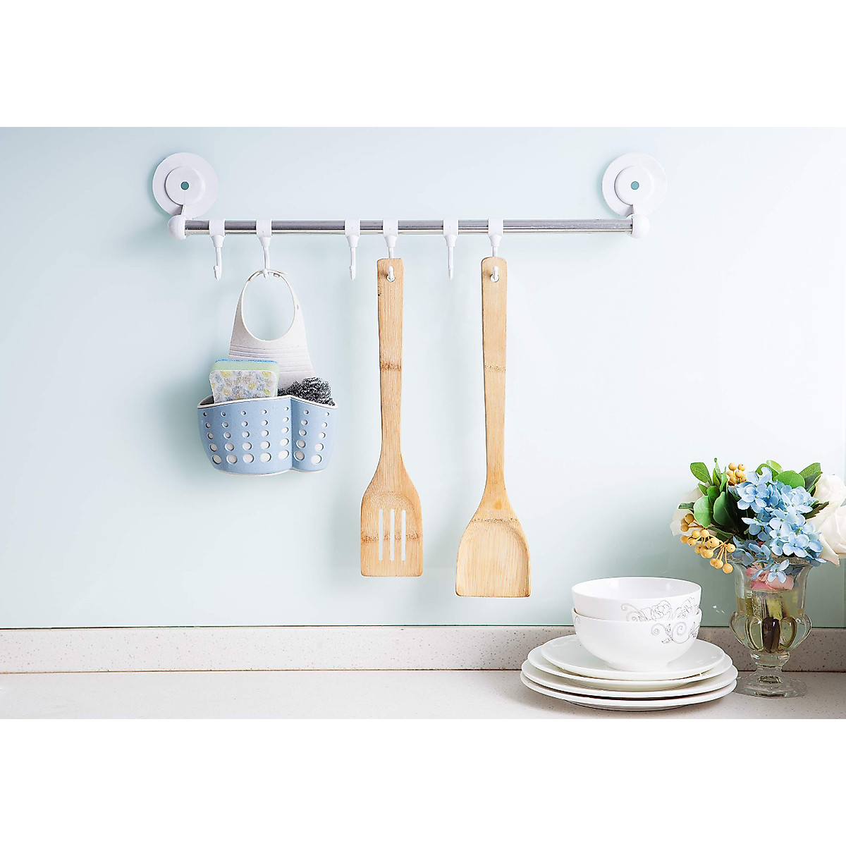 Hanleydepot sink caddy sponge holder for kitchen sink faucet hanging caddy organizer for sponge, brush, soap and towel Blue