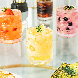 Glass Cups Vintage Drinking Glasses Set of 4, Clear Hobnail Glasses Tumbler, Embossed Design Glassware, Romantic Water Glasses, for Beverage, Juice, Cocktail, Soda, Water, Whiskey (Large)