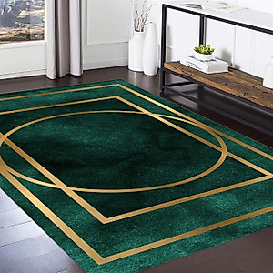 rugylsf Area Rugs Non-Slip Washable Entrance Rugs Gold Round Rectangle Border Emerald Green Marble Textured Area Rugs Bedroom Dining Room Office Decor Kitchen Rugs 2x5ft