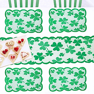 6PCS St Patricks Day Decorations Table Runners Placemats Saint Shamrock Green Lace Embroidered Irish Clover Party Decor Supplies,with 2 Light Strips