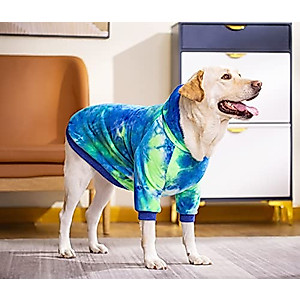 Dog Hoodie, Tie Dye Dog Winter Clothes, Pet Hooded Sweatershirt Pullover, Dog Outfit Coat Apparel for Small Medium Large Dogs, Green Blue 2XL