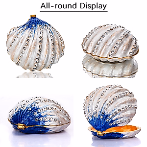 YU FENG Seashell Figurine Trinket Box Hinged Crystals Jeweled Painted Enameled Collectible Ocean Jewelry Box(Dark Blue)