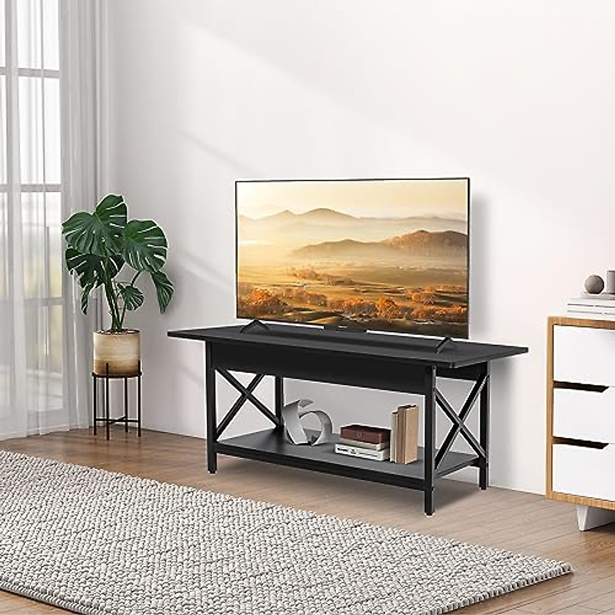 IFANNY Coffee Table, 44" Rectangle Cocktail Table with Storage Shelf, Industrial Accent Table with Metal Frame & Adjustable Foot Pads, Wood Center Table for Living Room, Home Office (Black)