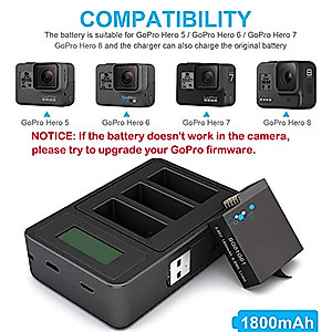 Batteries (3 Pack) 1800mAh and Charger for Gopro Hero 8/7/6/5 and Digital Monitor Compatible with Gopro Hero 8 Black, Hero 7 Black, Hero 6 Black, Hero 5 Black(Fully Compatible with Original)