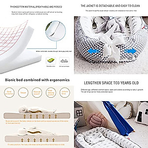 Vohunt Baby Lounger for Newborn,100% Cotton Co-Sleeper for Baby in Bed with Handles,Soft Newborn Lounger Adjustable Size & Strong Zipper Lengthen Space to 3 Tears Old(Triangular Crown)