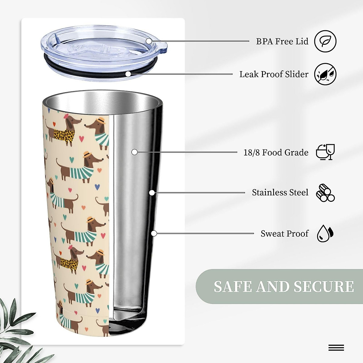 CHASOEA Dachshund Tumbler 20oz Cute Dog Stainless Steel Insulated Tumblers with Lid and Straw Animal Travel Coffee Mug Tea Wine Cups Water Bottle Dogs Gifts for Women Dog Lover