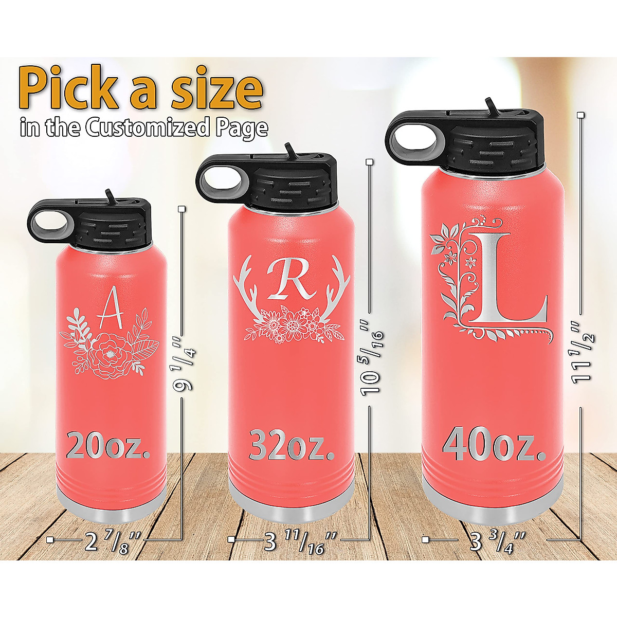Customized Water Bottles with Flip-Top Lid and Straw, Personalized Stainless Steel Sports Thermos Engraved Monogram – Teacher, Birthday, Holiday, Corporate Gifts 20oz., 32oz. (Coral)