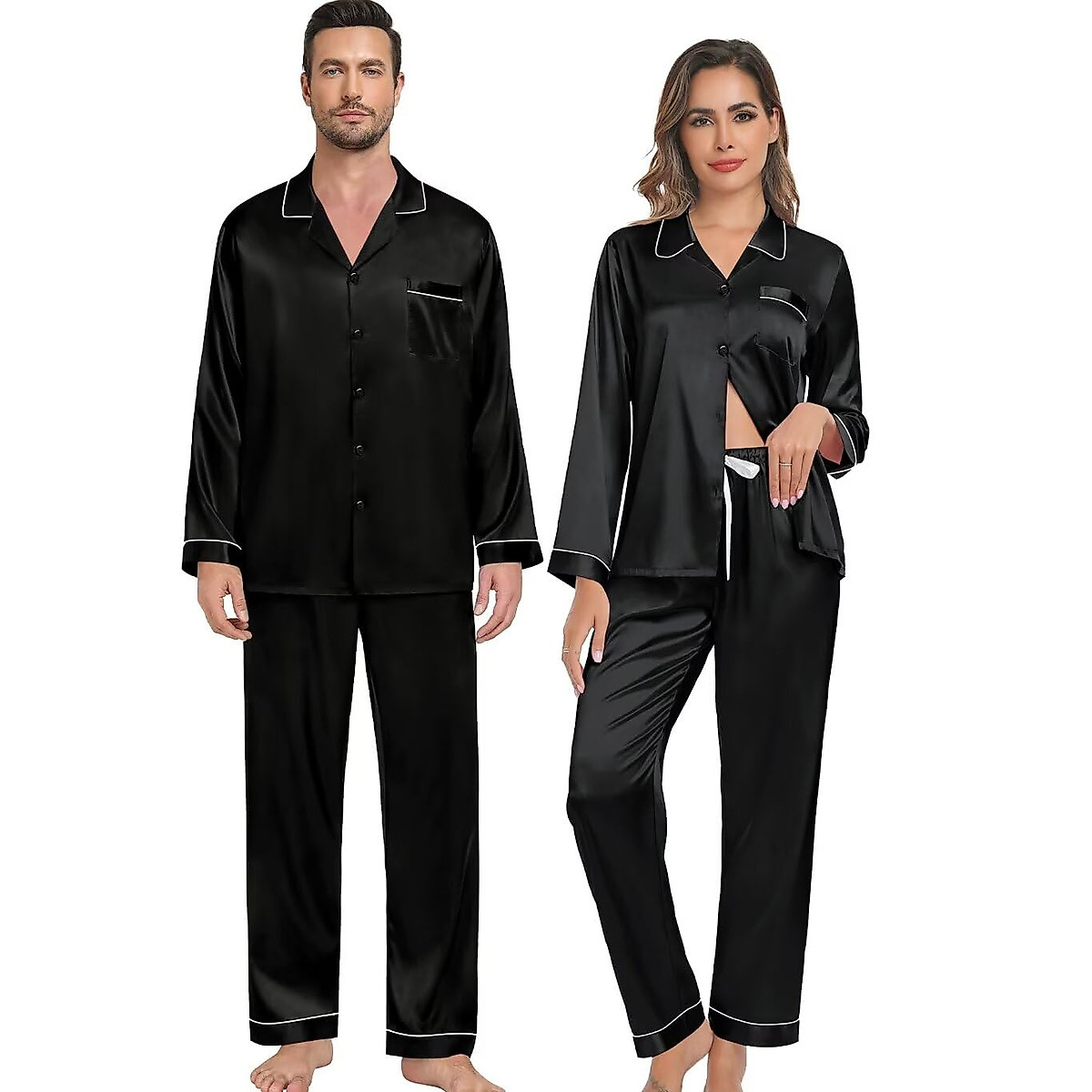 SWOMOG Couple Silk Satin Pajamas Set 2Pcs Matching Famliy Sleepwear Button Down Loungewear Men & Women Pjs with Pants Black
