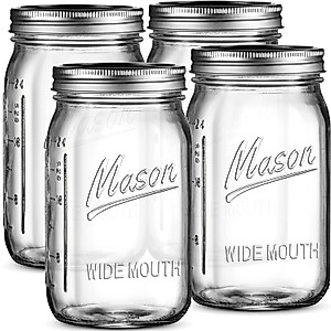 SEWANTA Wide Mouth Mason Jars 32 oz [4 Pack] With mason jar lids and Bands, mason jars 32 oz - For Canning, Fermenting, Pickling - Jar Decor - Microwave/Freeze/Dishwasher Safe.