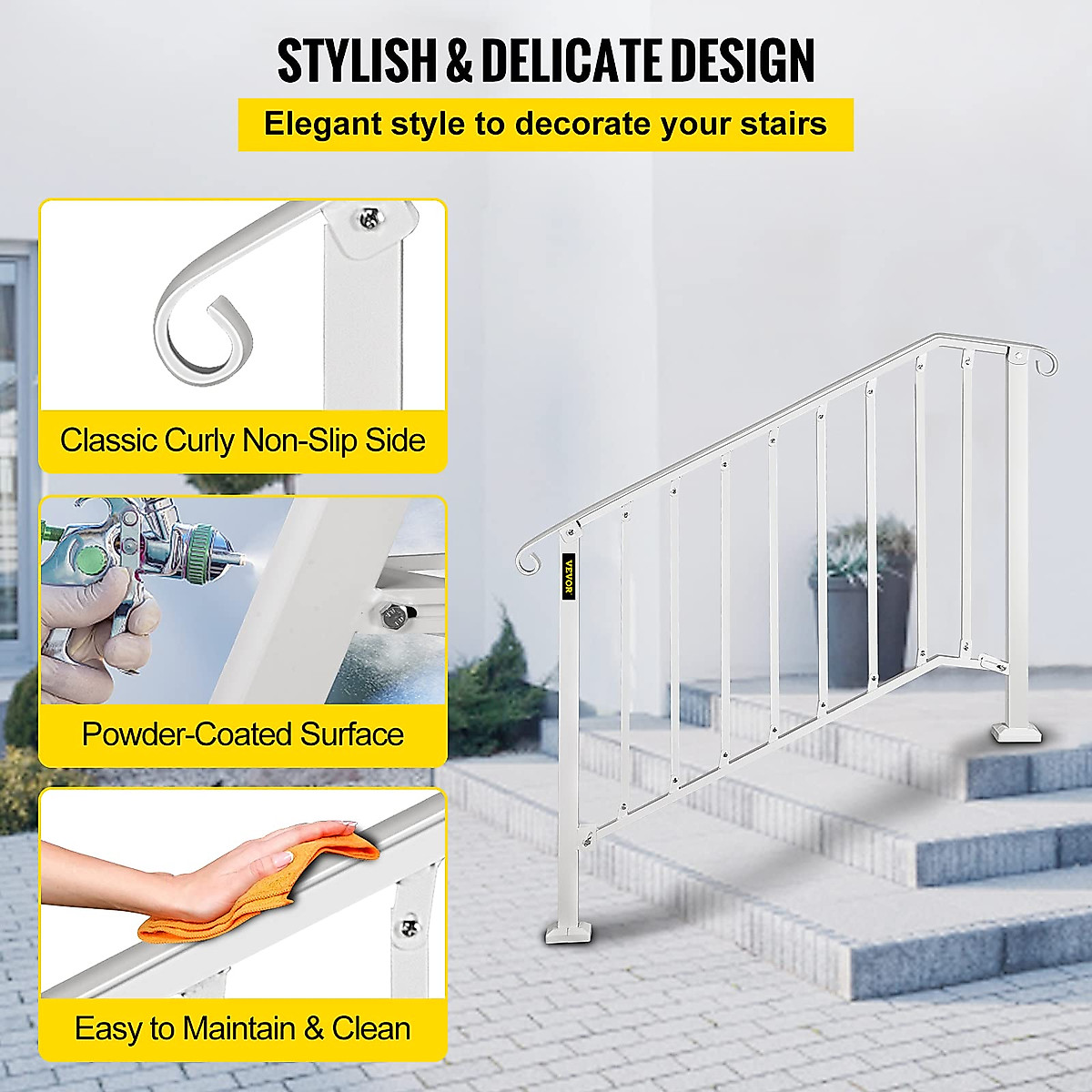VEVOR Handrail for Outdoor Steps, 3-4 Steps White Fence Outdoor Handrail, Adjustable Metal Staircase Handrail, Thickened Stair Railings for Porch Railing, Deck Handrail