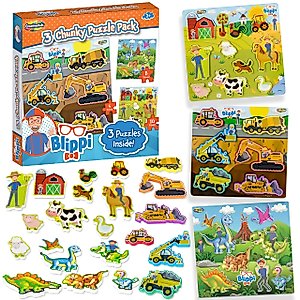 Blippi Toys for Kids by Creative Kids - 3 Chunky Puzzles for Toddlers - Wooden Animal Dinosaur Construction Puzzles - Toddler Puzzles Educational Learning Gifts Wooden Toys for Kids Ages 2+