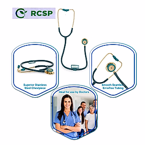 RCSP Acoustic Stethoscope Brass Ring For Medical Students, Nurses & Doctors, Lightweight ChestPiece with Latexfree Tube & Soft Sealing Ear Knobs Cardio SS Gold (GREEN)