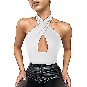REORIA Women's Sexy Criss Cross Halter Neck Sleeveless Party Club Night Going Out Thong Bodysuits Tops White X-Large