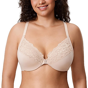 DELIMIRA Women's Racerback Front Closure Bras Lace Plus Size Full Coverage Underwire Unlined Support Bra Beige 44D