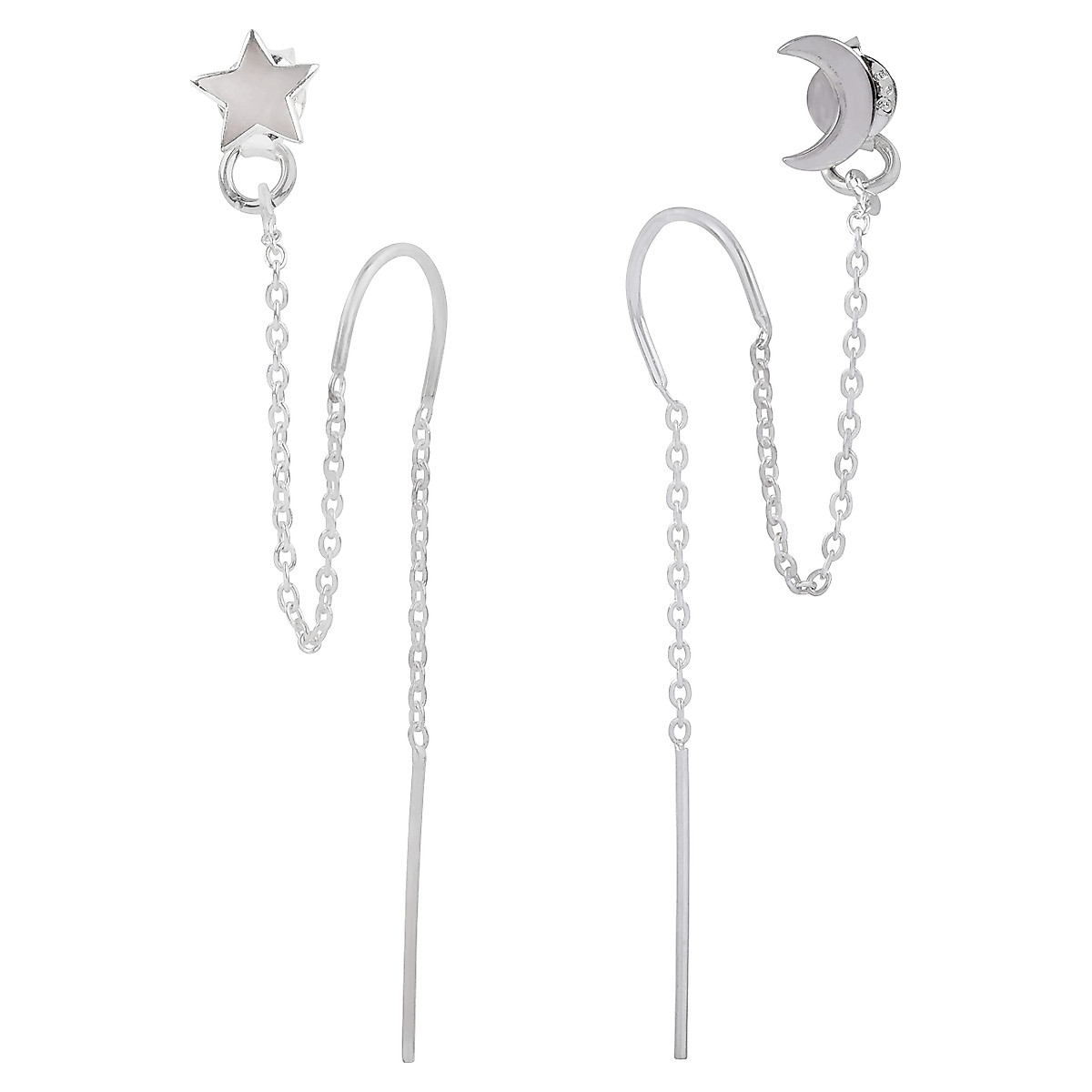 Sterling Silver Moon and Star Earrings - 925 Silver Double Piercing Earrings Set - Chain Earrings for Women - Second Piercing - Two Holes - Austin Down to Earth