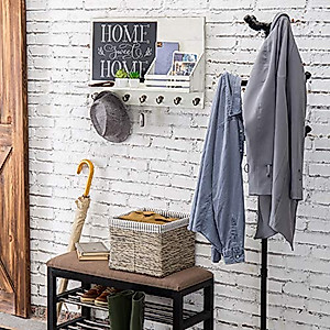 MyGift Vintage White Wood Entryway Mail and Key Holder Family Command Center Organizer with Chalkboard, 2 Mail Slots, Display Ledge Shelf and 7 Hooks