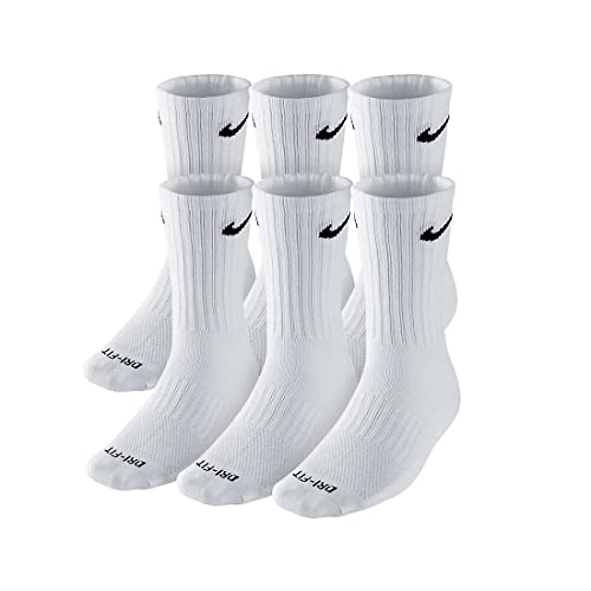 NIKE Dri-FIT Cushion Crew Training Socks (6 Pair) White With Traditional Black Swoosh Logo ADULT LARGE 8-12 UNISEX