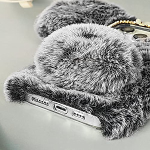Losin for iPhone 14 Pro Case Cute Cartoon Dog Plush Fluffy Case Girls 3D Kawaii Design Soft TPU Shockproof Protective Cover Fuzzy Furry Winter Rabbit Hair Warm Fur Case for Women Girls Girly Gray