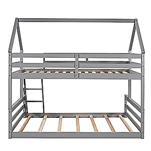 Low Bunk Bed Twin Over Full House Bunk Bed with Built-in Ladder, Wooden Bunk Bed Frame for Kids Girls Boys - Gray