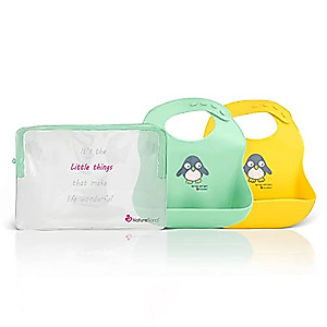 NatureBond Waterproof Baby Bibs, Silicone Weaning Bibs for Babies & Toddlers, Set of 2 w/Carry Pouch | Comfortable Soft 4 buttons Bib