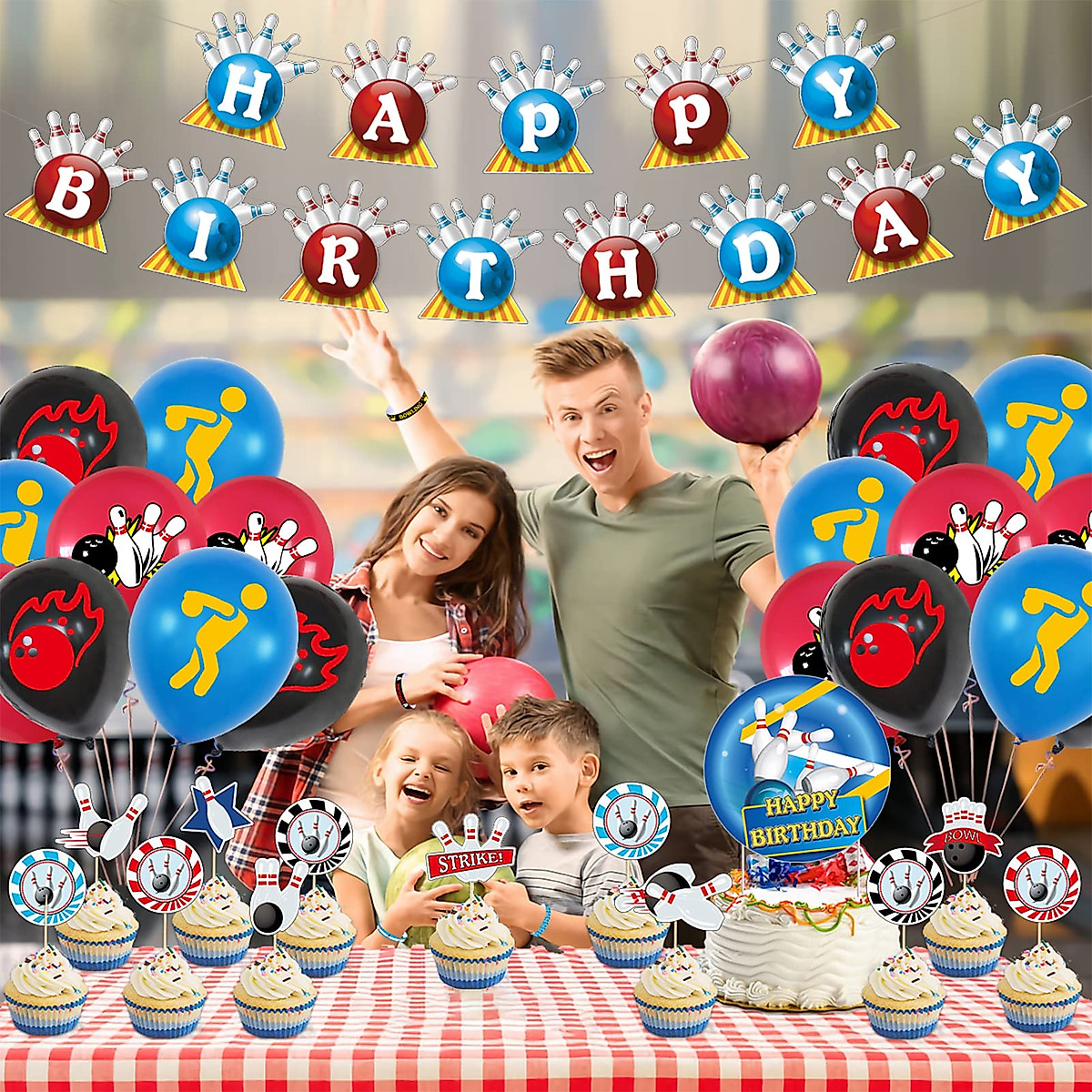 Bowling Theme Party Supplies Set Including Bowling Happy Birthday Banner, Bowling Cake & Cupcake Toppers, Bowling Balloons, Bowling Party Decorations for Kids Adults Teens