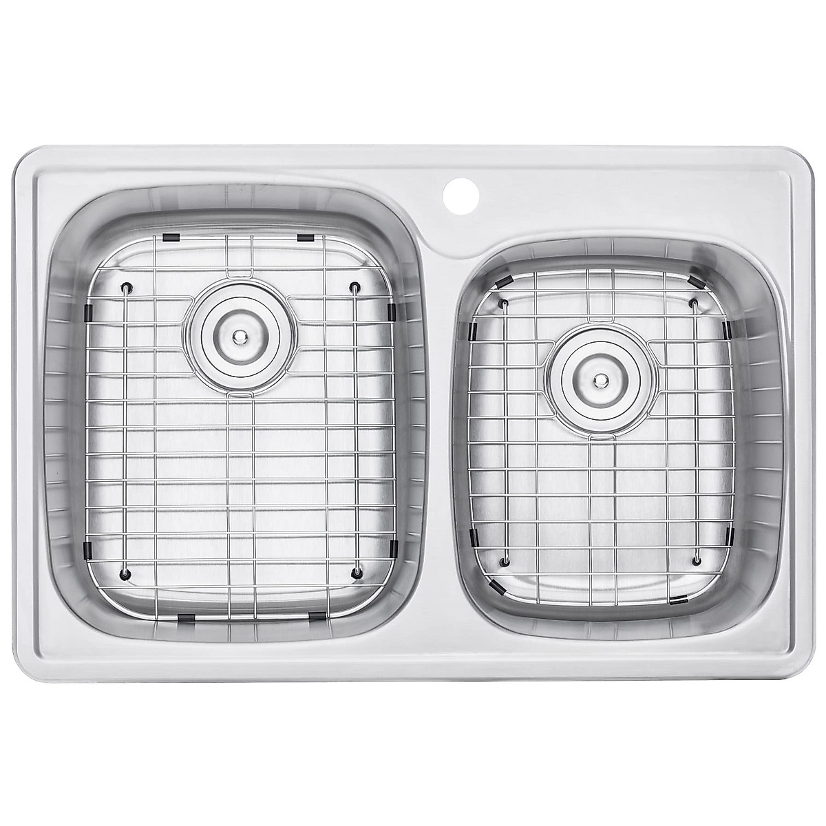 CozyBlock 33 x 22 x 9 Inch 60/40 Offset Top-mount/Drop-in Stainless Steel Double Bowl Kitchen Sink with Strainer and Protective Bottom Grid - 18 Gauge Stainless Steel-1 Faucet Hole