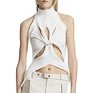 SAFRISIOR Women Sexy Hollow Out Twist Front Knitted Tank Tops Sleeveless High Neck Cut Out Sweater Vest White