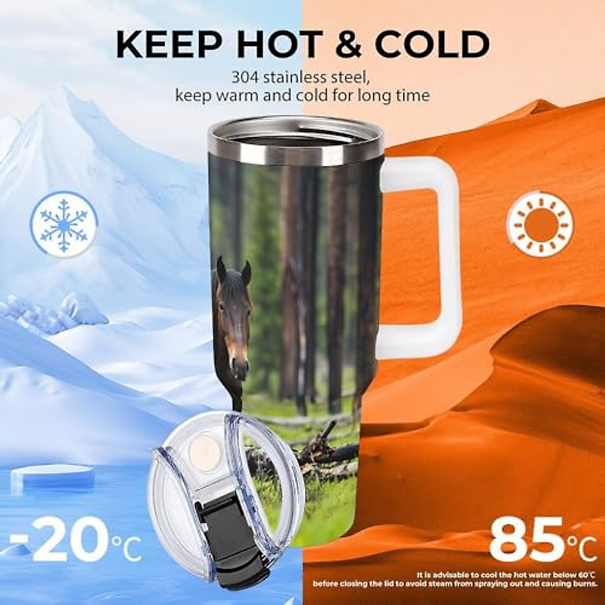 Horse in The Rain Forests Insulated Tumblers with Handle Stainless Steel Coffee Mug Funny Travel Cup with Lid Straw 40oz