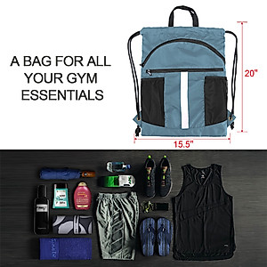 BeeGreen Workout Bag Drawstring Backpack w Shoe Compartment Large Sackpack String Bag w Zipper Pockets and Water Bottle Pockets Sports Yoga Cinch Bag for Gym Haze Blue