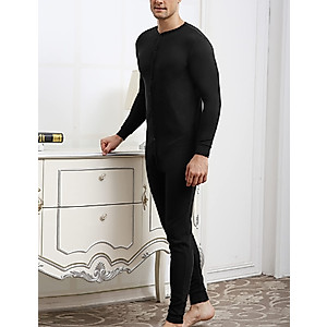 COLORFULLEAF Men's Cotton Thermal Underwear Union Suits Henley Onesies Base Layer (Black, XXL)