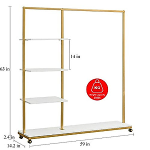 BOSURU Rolling Gold Clothing Racks on Wheels with Metal Pipes Modern Floor Standing Clothes Display Racks Hanging Clothes 4-Tier Garment Rack with Wood Shelves for Bedroom Living Room Cloth Store 59"