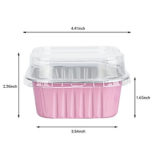EUSOAR Cupcake Liner, 50pcs 10oz Pink Foil Mini Flan with Lids, Loaf Pans Aluminium Tins for Baking, Disposable Creme Brulee Cups Dessert Containers for Pie Souffle, Cake Holder for Party Serving