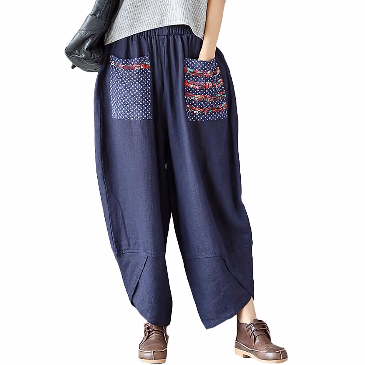 Minibee Women's Baggy Linen Wide Leg Trousers Casual Patchwork Elastic Waist Harem Pants Navy Blue 2XL