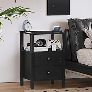 Lerliuo Black Night Stand, Small Nightstand with 2 Wood Drawers and Storage Shelf, Mid Century Modern Bedside Table with Wooden Frame, Rustic Bed Side Tables for Small Spaces, Nightstands for Bedroom