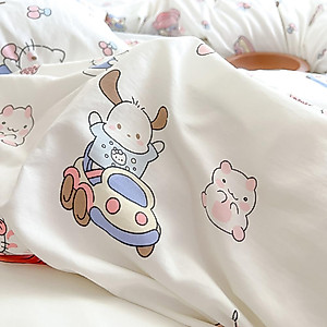 TELUSHEN Cartoon Anime Duvet Cover Sets,Cat Bedding Set with 1 Duvet Cover 1 Flat Sheet and 2 Pillow Shams,Cute Soft Comforter Cover for Teen Kids Girls (White,Queen79x91inch)
