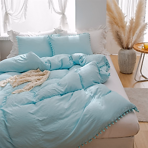 IHOUSTRIY Super Soft Duvet Cover and Pillow Shams Set, Microfiber, Pom Pom Fringe, Comforter Cover with Zipper and Ties, Easy Care, Simple Style Bedding Set, 3 Piece - Queen, Aqua