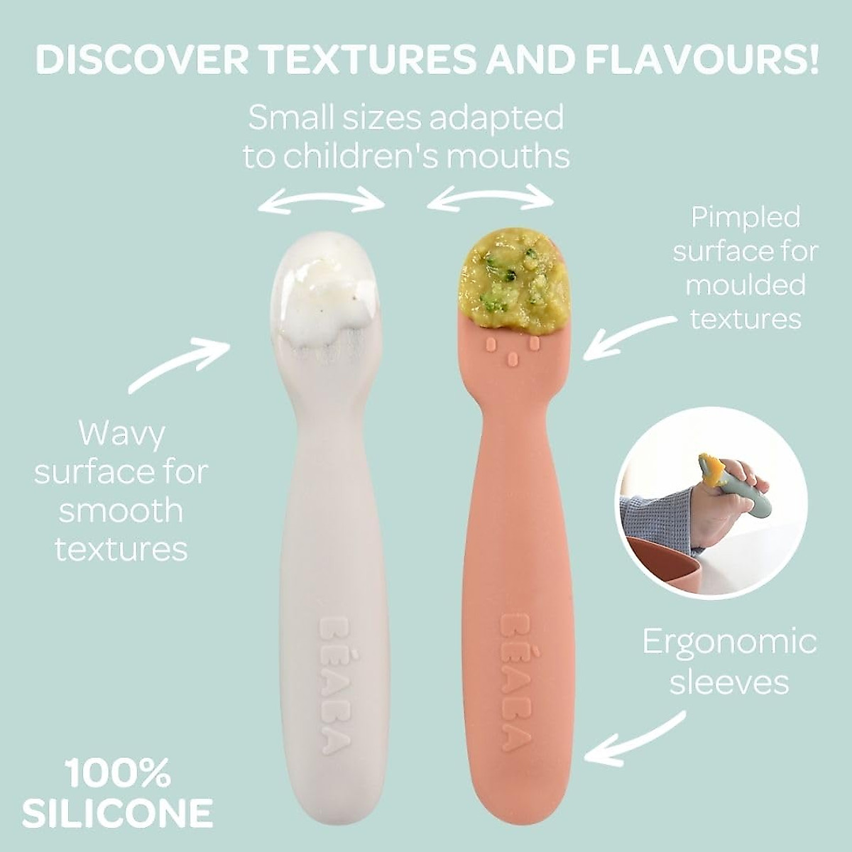 BEABA Set of 2 Silicone Pre-Spoons, For Babies 4-8 Months, Ultra-Soft Silicone Spoons to Help with Self Feeding, Designed with Specialist, Baby Utensils, Sage/Grey