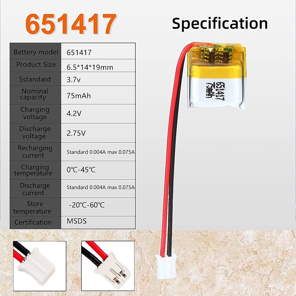 YDL 3.7V 75mAh 651417 Lipo Battery Rechargeable Lithium Polymer ion Battery Pack with JST Connector