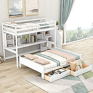 DEYOBED Twin Over Full Wooden Bunk Bed with Storage Shelves Drawers and Staircase for Kids Teens Adults