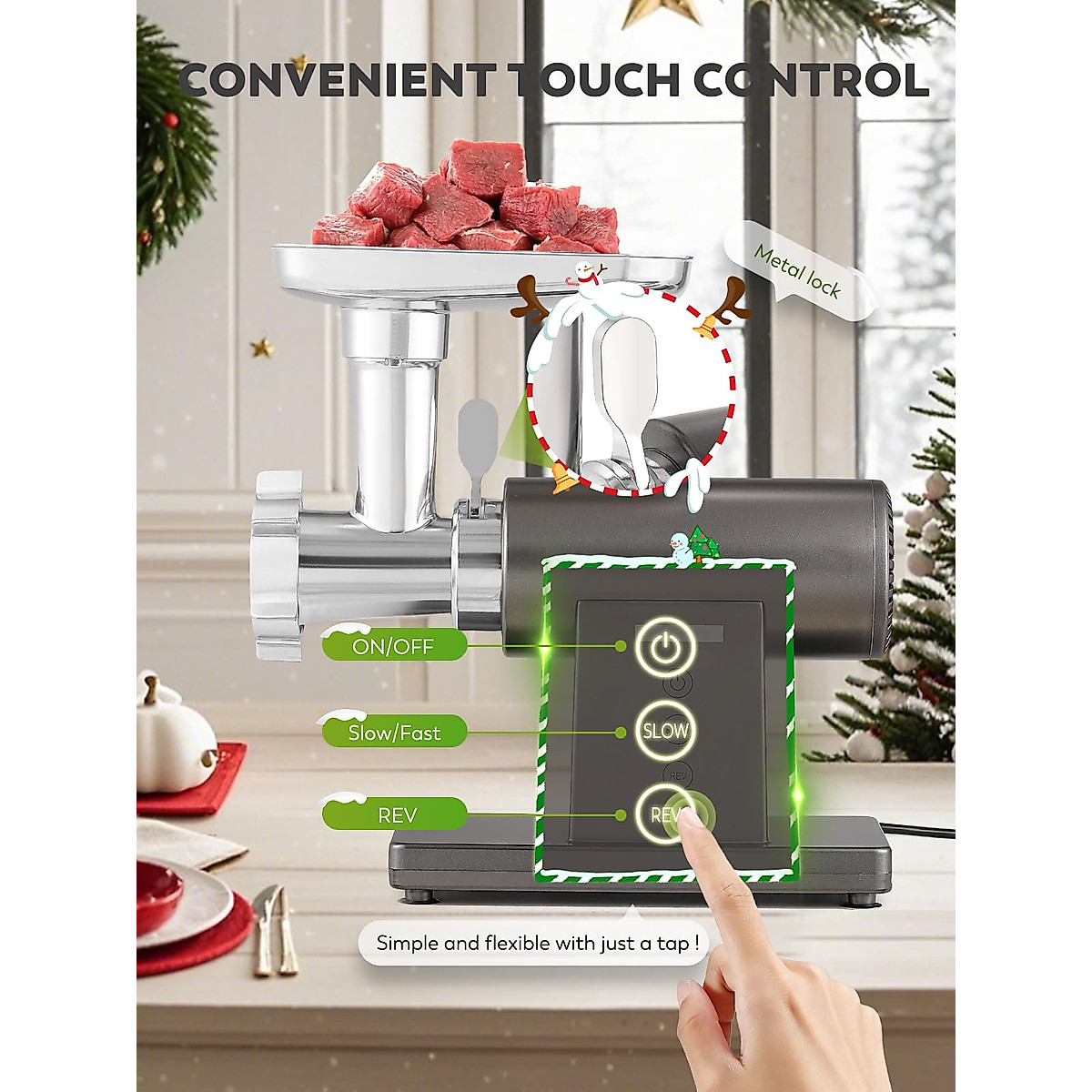 Flyseago Meat Grinder Electric 3200W Heavy Duty Meat Mincer Chopper Machine Touch Control Multifunctional with Cutting Blade 3 Grinding Plates 3 Sausage Stuffers Kubbe Kit for Household&Commercial