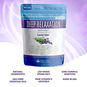 Deep Relaxation Bath Salt 32 Ounces Epsom Salt with Natural Lavender Essential Oil Plus Vitamin C in BPA Free Pouch with Easy Press-Lock Seal