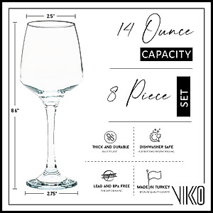 Vikko Wine Glasses, Set of 8 Red Wine Glasses, 14 Ounce Clear Wine Glass, Classic, Durable European Stemware